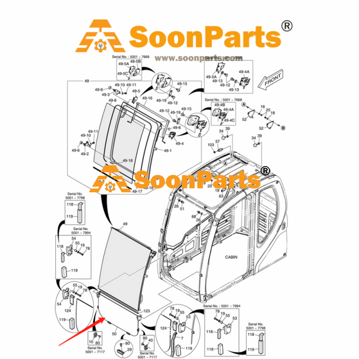 Front Lower Glass 903-00074 for Doosan Daewoo Excavator DX230LC DX300LC ...
